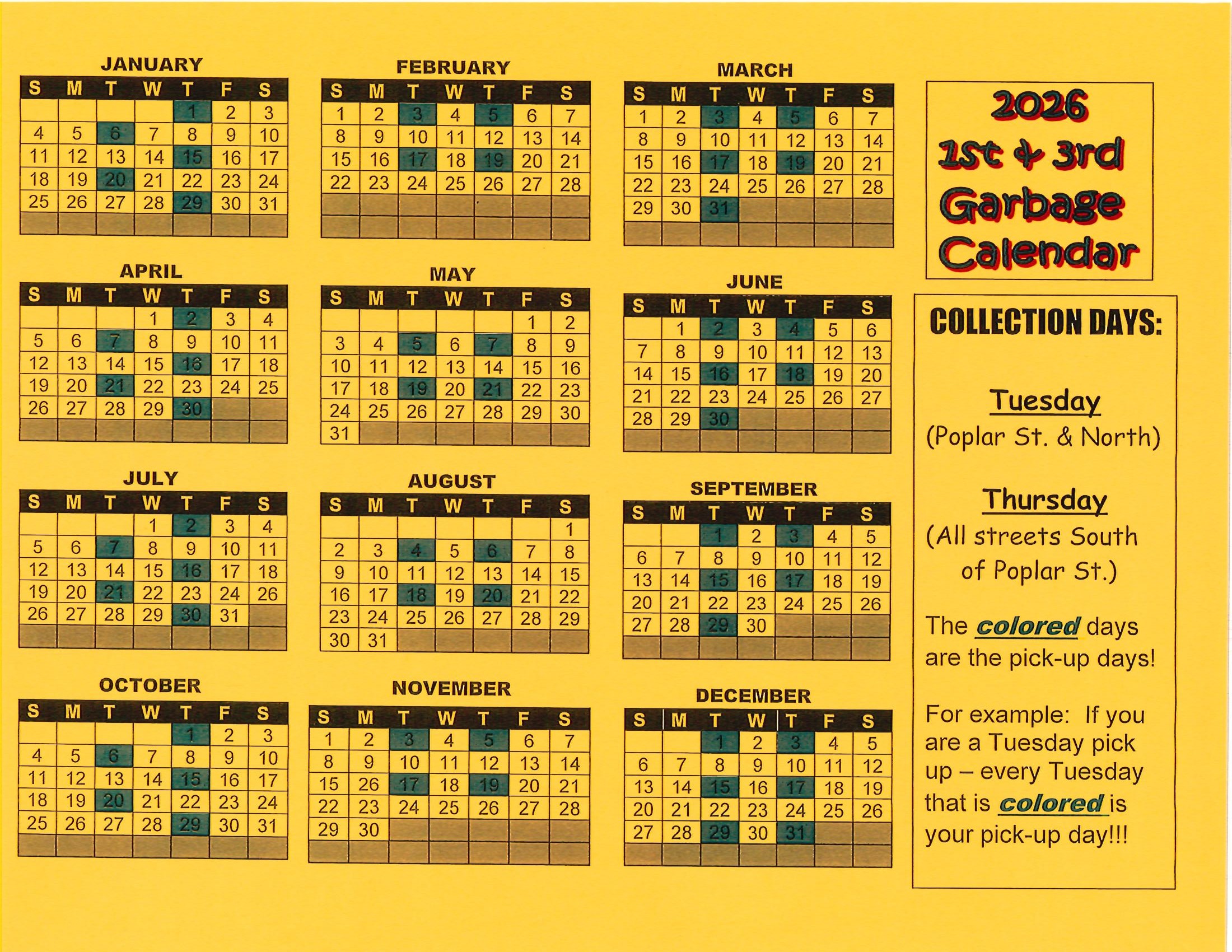 2026 1st & 3rd Garbage Calendar | Waterville WA